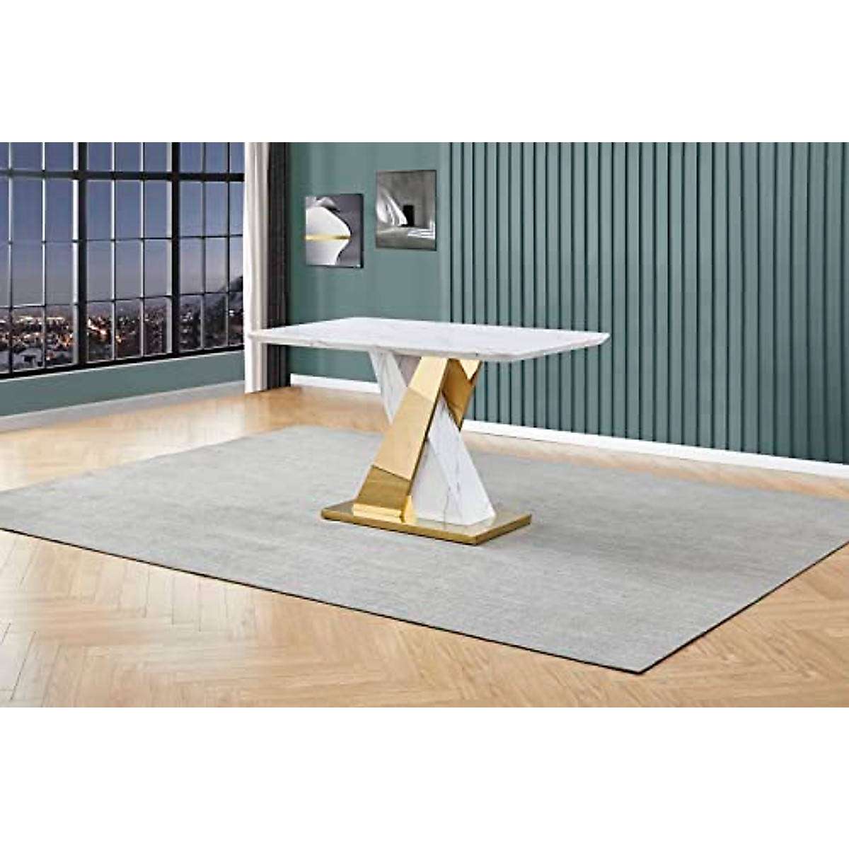 Best Quality Furniture D216-CHT Dining Table, White Marble/Gold