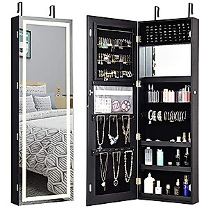 AUGESTER Jewelry Cabinet w/ Full Length Mirror, 47.5'' Wall/Door Mounted Jewelry Armoire w/ LED Touch Screen Mirror, Large Storage, Lockable Jewelry Organizer Armoire (Black)