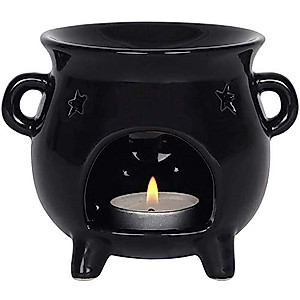 SUMMIT COLLECTION Ceramic Black Witch's Cauldron Tealight Candle Holder Oil Burner 4.75 Inches Tall Essential Oil Incense Aroma Diffuser Home Decor