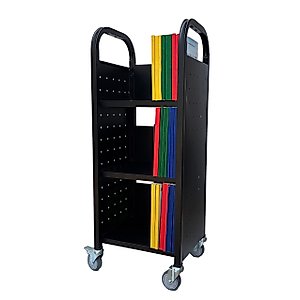 Workington Single Bank Rolling Book Truck Book Cart with 3 Flat Shelves, Library Book Cart with Swivel Lockable Casters 3000 Black