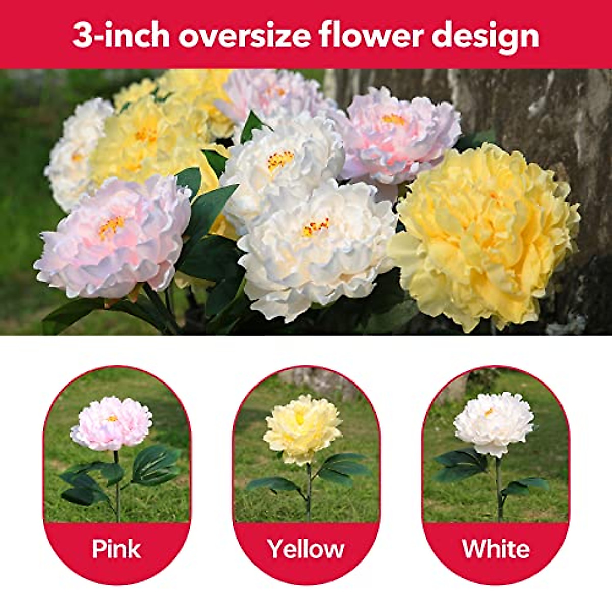 Cmskokm Outdoor Solar Garden Light Yard Decor Garden Decor Solar Flower Lamp Garden Decor Bigger Peony Flower Head Bigger Solar Panel Waterproof Solar Decorative Light for Garden Patio (3 per Box)
