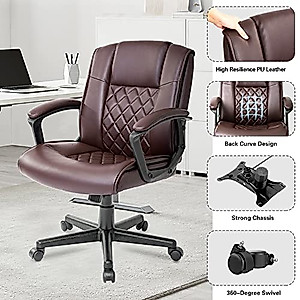 Qulomvs Ergonomic Office Desk Chair with Wheels Back Support Computer Executive Task Chair with Arms 360 Swivel (Brown)