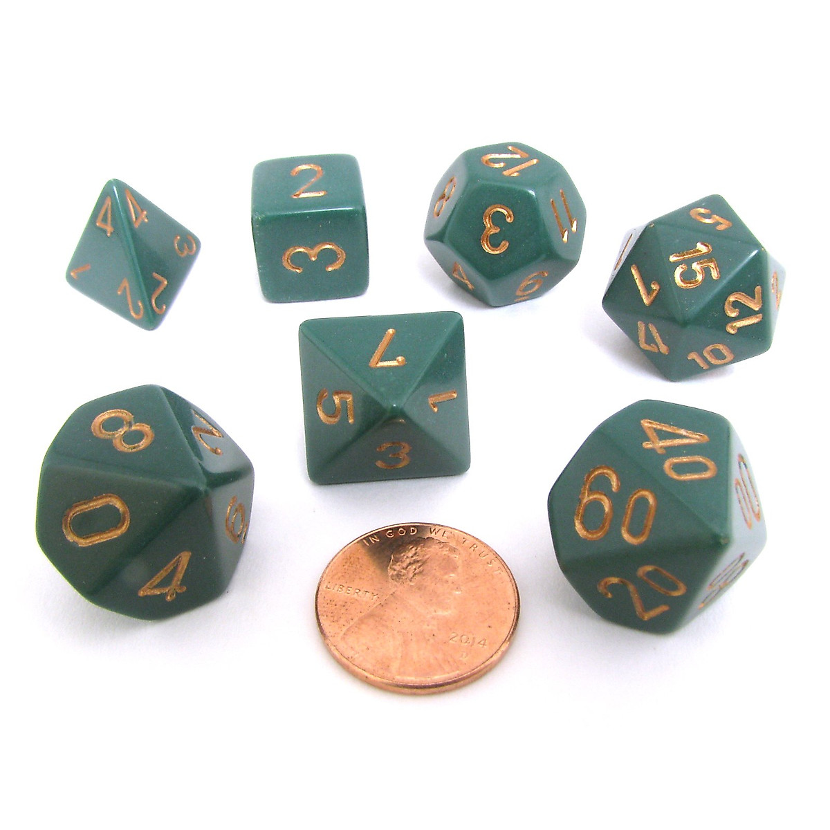 Polyhedral 7-Die Opaque Dice Set - Dusty Green with Copper