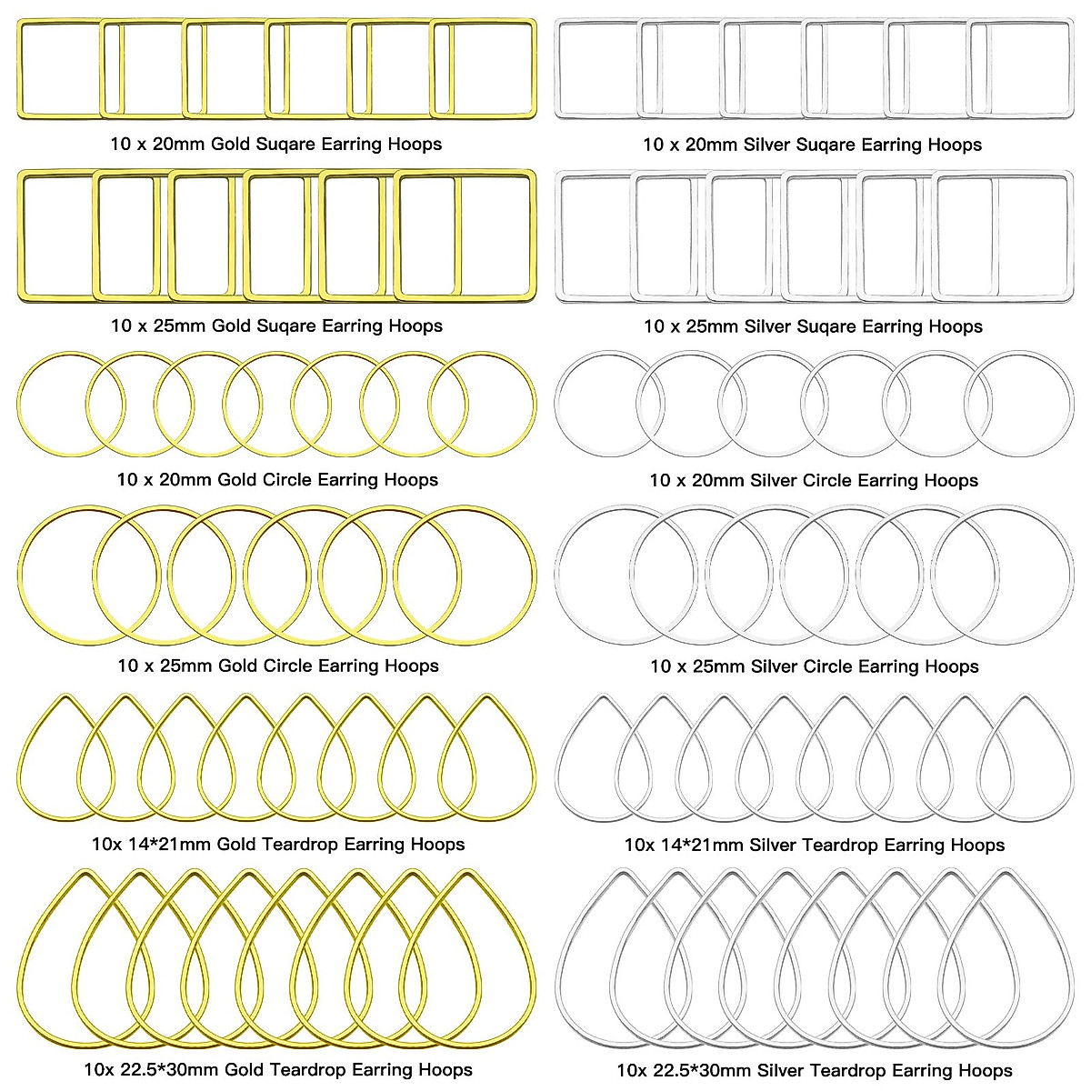 120Pcs Earring Hoop Jewelry Making 3 Shapes Earring Finding Hoop Hypoallergenic Teardrop Square Round Circle Hoop Earring Bulk Open Bezel Pendant Frame for DIY Earring Making Supplies(Gold Silver)