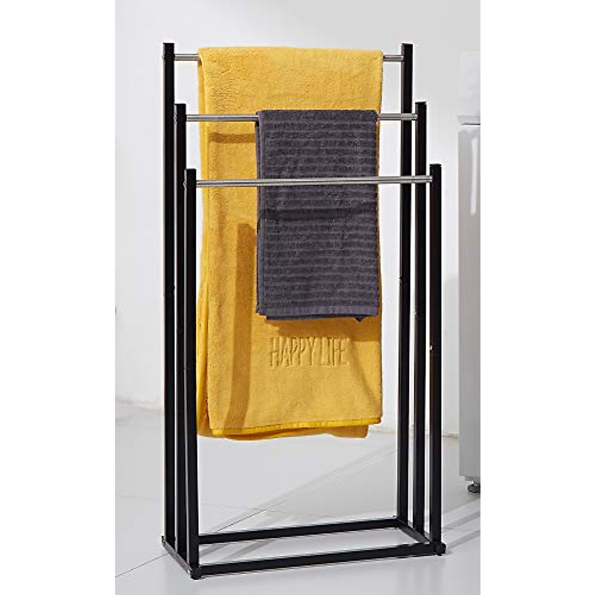 Towel Racks for Bathroom, Upgrade 3 Tier Stainless Steel Freestanding Towel Rack Stand for Bath Hand Towel, Next to Tub or Floor Shower Drying Holder, Blanket Rack, Chrome & Black, ALHAKIN