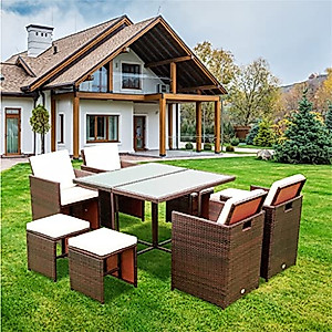 LJMXG 9 Piece Patio Dining Sets Outdoor Space Saving Rattan Chairs with Glass Table Patio Furniture Sets Padded.