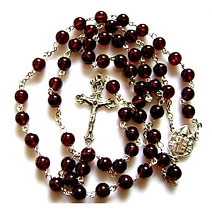 elegantmedical HANDMADE Garnet Gemstone Bead Catholic Sterling 925 Silver 5 DECADE ROSARY Cross Crucifix Necklace Womens/Girls
