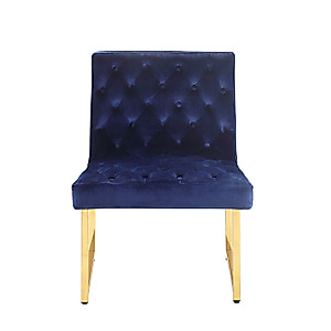 Iconic Home Moriah Accent Chair Sleek Elegant Tufted Velvet Upholstery Plush Cushion Brass Finished Polished Metal Frame, Contemporary Modern, Navy