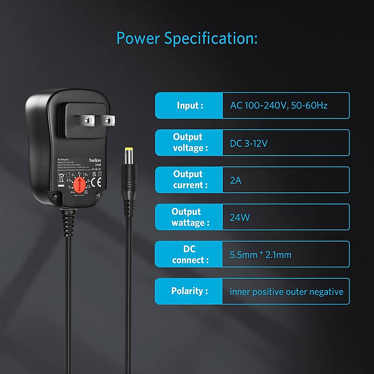 Belker 24W Multi Voltage 3V 4.5V 5V 6V 7.5V 9V 12V Universal AC DC Power Adapter Supply for Household Electronics - Max Amp 2000mA