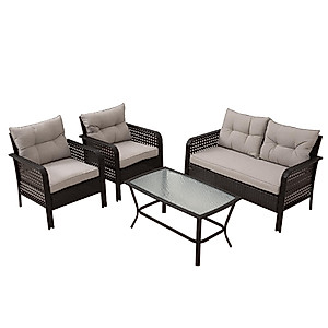 RoyalCraft Patio Furniture Set 4 Pieces, Wicker Conversation Sets with Cushions and Glass Coffee Table, Outdoor Rattan Chair for Garden Backyard Porch Balcony Deck, Brown and Beige