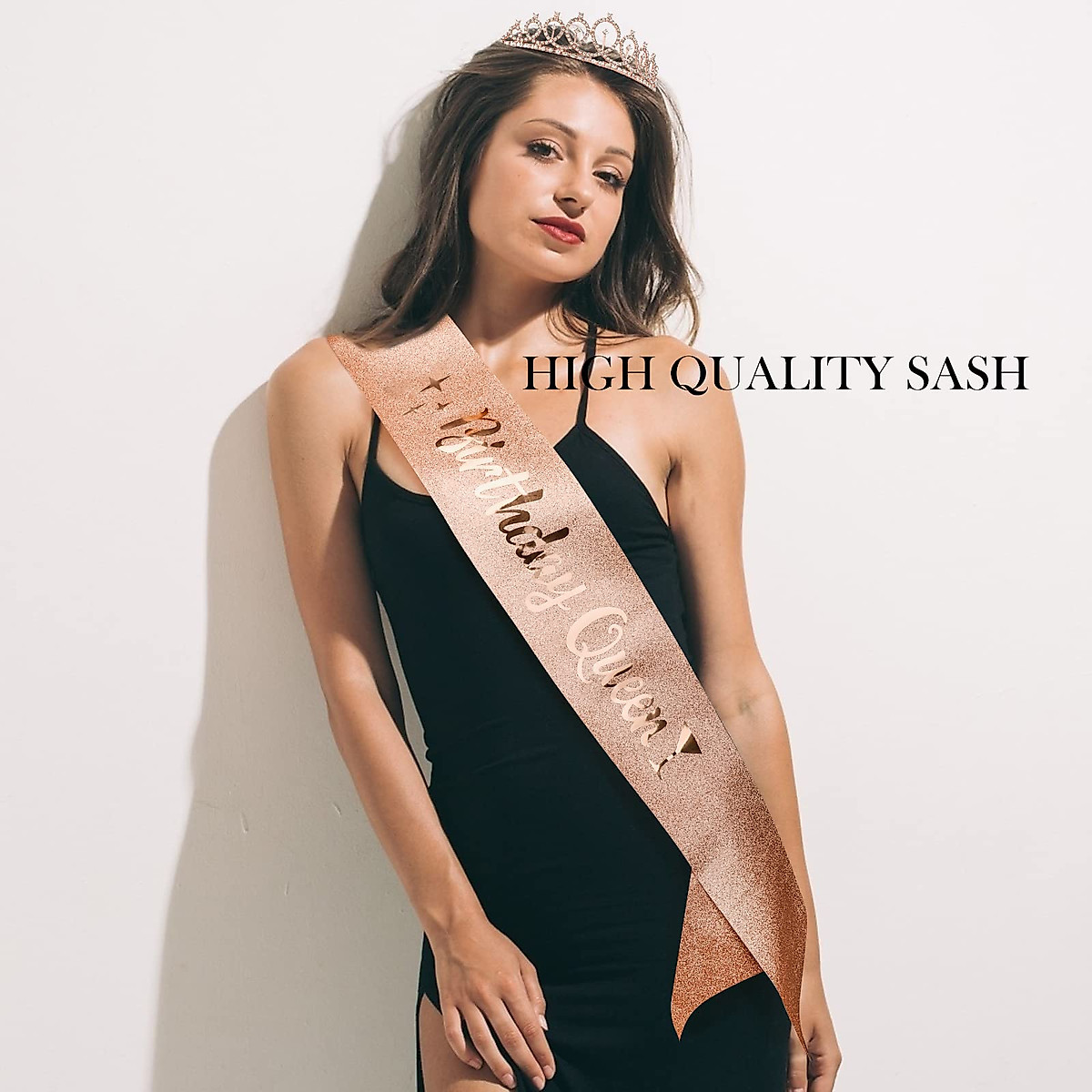 ACO-UINT Birthday Queen Crown for Women, Rhinestone Tiara & Birthday Sash Set Rose Gold Birthday Crowns for Women Girls, Birthday Decorations Birthday Gifts for Women Birthday Party