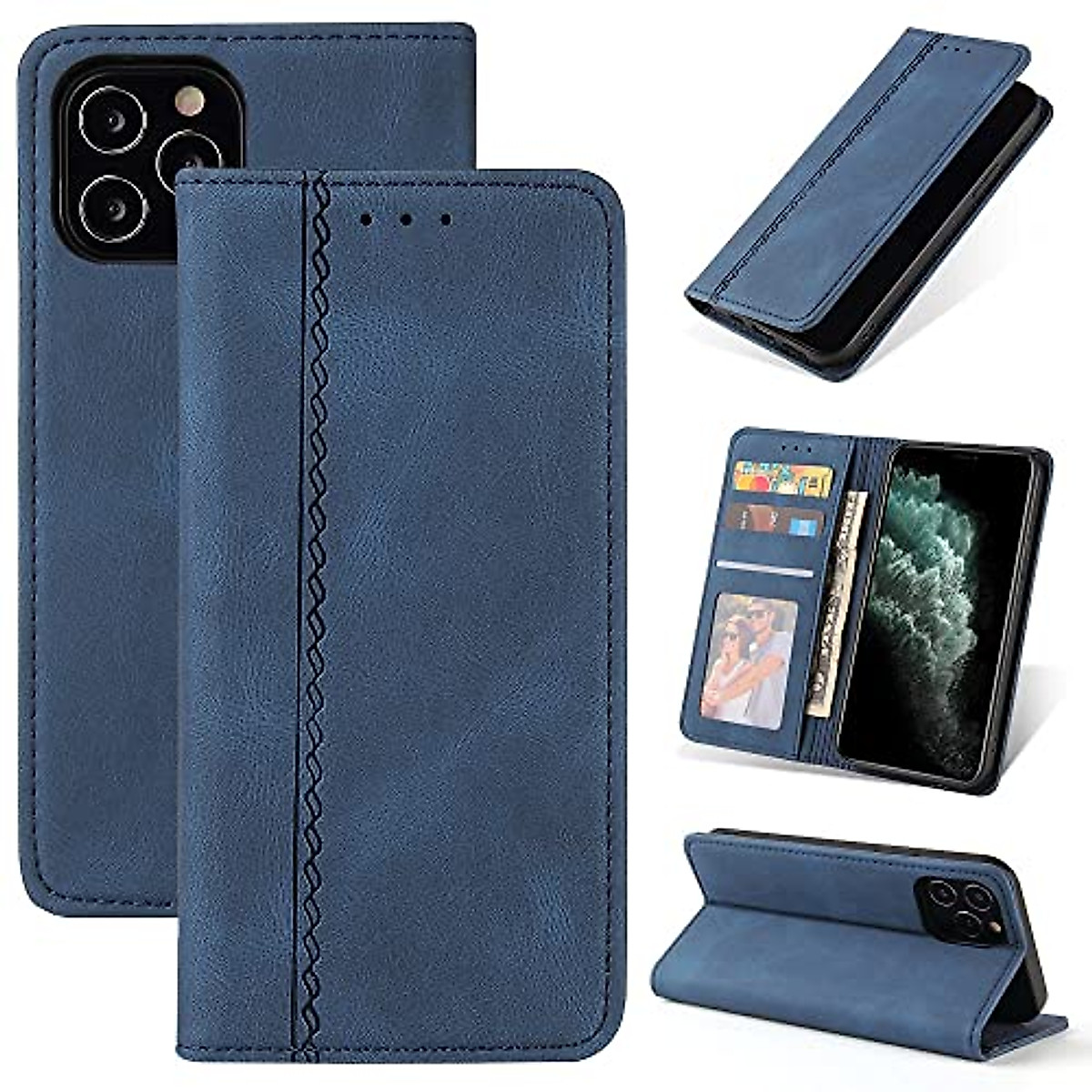 Fansipro Wallet Folio Case for Samsung Galaxy S9 Plus, Premium PU Leather Slim Fit Cover for Galaxy S9 Plus, 2 Card Slots, 1 Transparent Photo Frame Slot, Wave Line on Leather, Blue