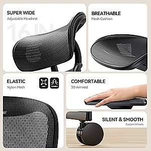 NOBLEWELL Ergonomic High Back Mesh Chair for Office Computer with Lumbar Support, 3D Armrest, Double Backrest and Adjustable Headrest