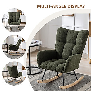 Rocking Chair Nursery, Teddy Upholstered Glider Rocker, Modern Accent Chair with High Backrest Padded Seat Pocket, Cozy Armchair Side Chair for Living Room, Bedroom, Office, Balcony, Dark Green