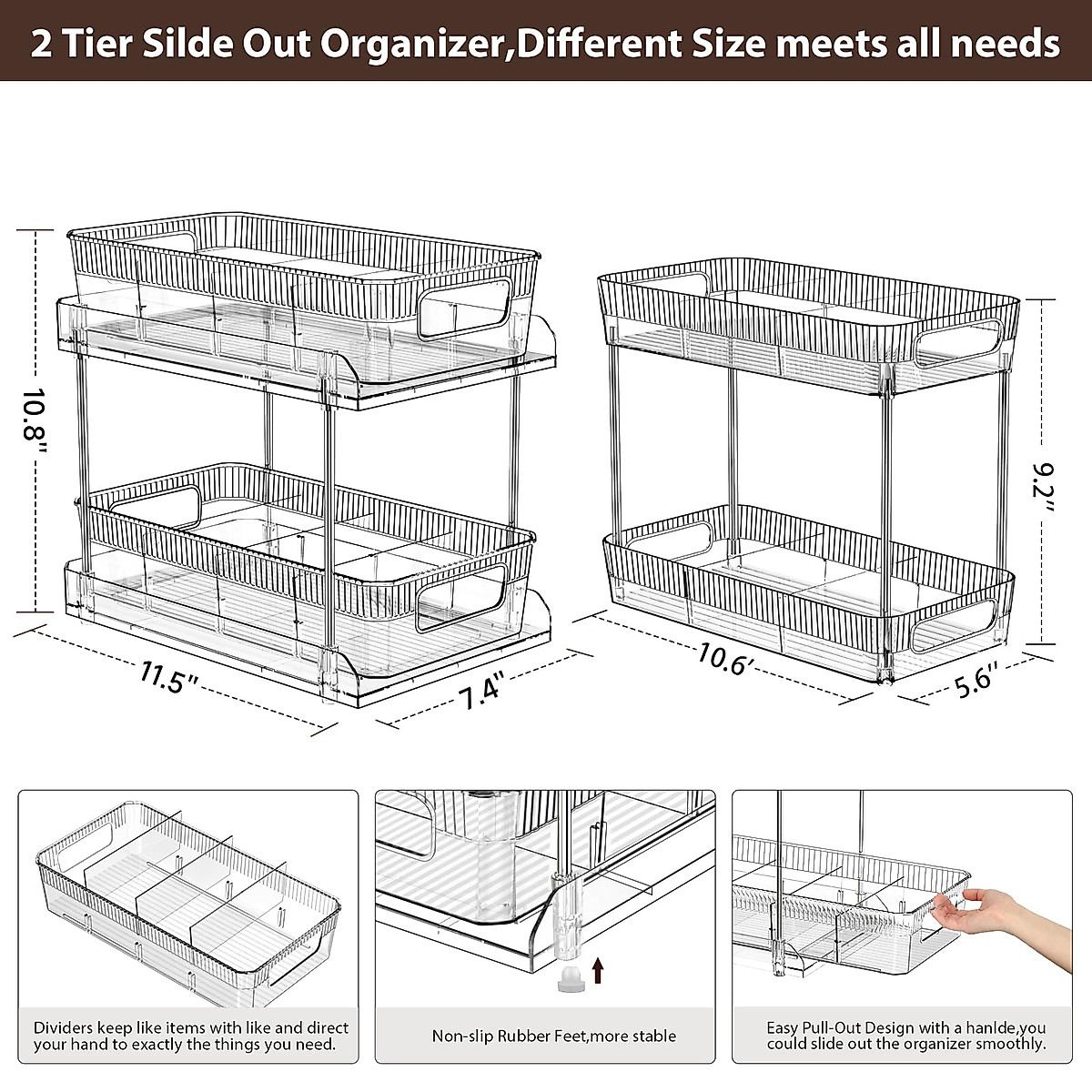 VIVAIVE 2 Tier Bathroom Organizer with Dividers,3 Set Clear Under Sink Organizers Storage Slide Out Bathroom Vanity Counter Storage Container for Kitchen Pantry Cabinet Closet, Medicine Organizer