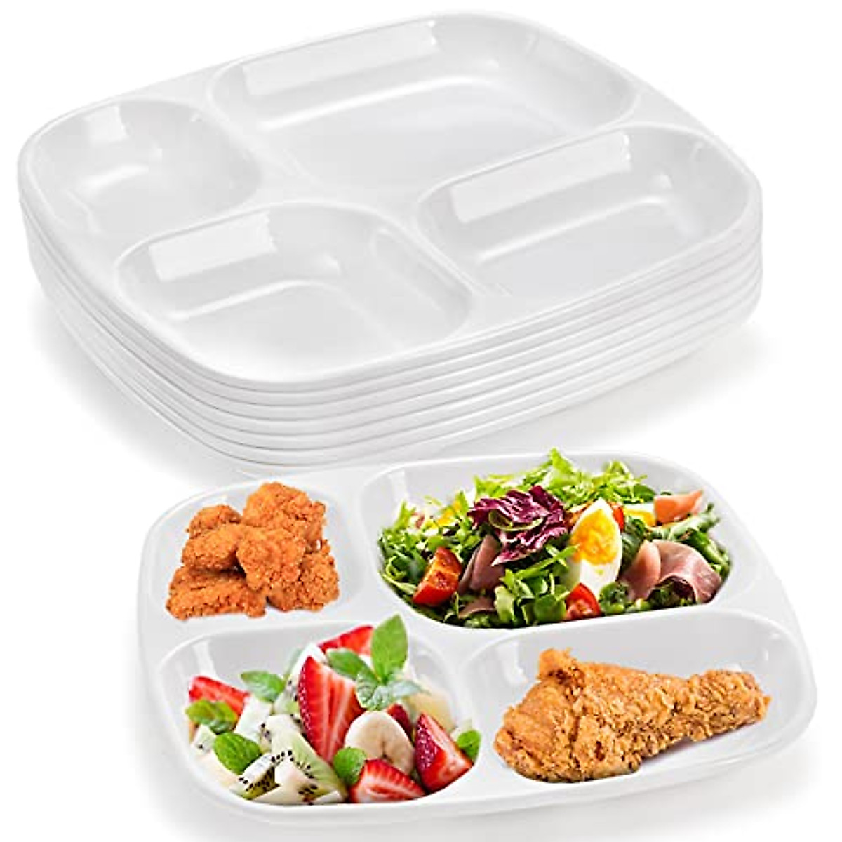 Dicunoy 8 PCS Divided Meal Tray, 10 Inch Melamine Dinner Plates for Adults, Sectional 4 Compartments Portion Control Plate Reusable Serving Platter for Salad, Noodles, Kids, Camping, Picnics