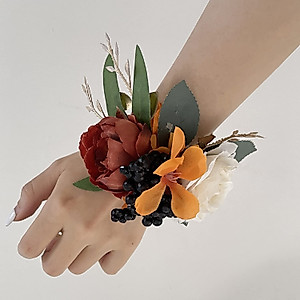 Rinlong Set of 6 Burnt Orange Wrist Corsage Wristlet Band Bracelet Wrist Flowers Wedding Bride Bridesmaid Flower Accessories Decoration