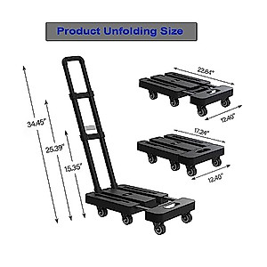 Folding Hand Truck, 500LBS Heavy Duty Foldable Dolly Cart - Portable Luggage Cart with 6 Wheels 2 Elastic Ropes for Moving, Travel, Shopping, Office Use - Black