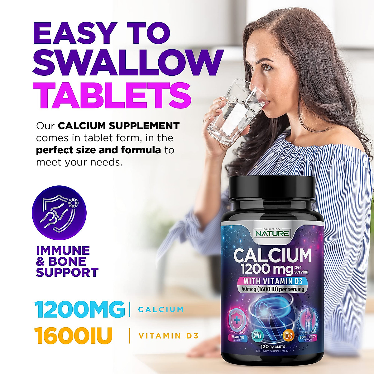 Calcium 1200mg with Vitamin D3 for Best Absorption - Advanced Bone Support Supplement, 1200 mg Calcium Carbonate & 1600 IU Vitamin D3, Slow Release for Immune Support, Easy to Swallow, 120 Tablets
