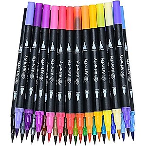 Art-n-Fly Dual Tip Brush Pens Set - 25 Adult Colored Markers for Calligraphy, Drawing, Journaling - Fine Tip Felt Ink - Beginner or Professional