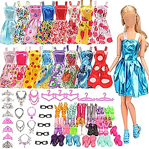 BARWA 42 pcs Doll Clothes and Accessories 10 pcs Party Dresses 32 pcs Shoes, Crown, Necklace Accessories for 11.5 inch Doll