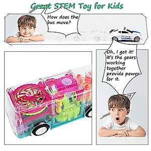 Miracland Transparent Mechanical Gear Bus, Transparent Gear Car Toy Concept Racer Toy Electronic Vehicle Toy Universal Wheel Car Toy STEM Car Toy with Lights and Music (Bus)