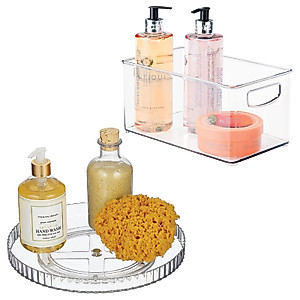 mDesign Plastic Stackable Bin with Handles and 11.5" Round Fluted Lazy Susan Turntable Plastic Spinner Combo Set for Organization in Bathroom, Closet, Cabinet, or Vanity Countertop - Set of 2 - Clear
