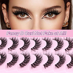 JIMIRE Natural False Eyelashes with Clear Band Mink Fluffy Lashes D Curl Strip Lashes 16MM Volume Natural Look like Lash Extension 5D Cat Eye Lashes 7 Pairs Pack