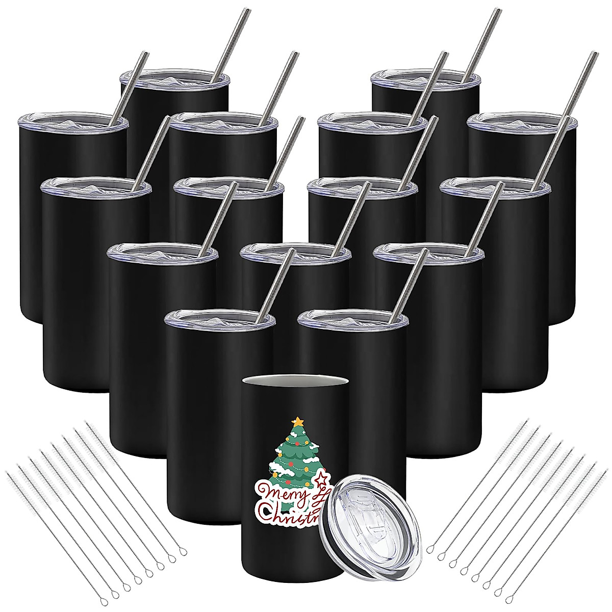 16 Pack Tumblers Blanks Bulk Skinny Straight Tumbler Stainless Steel Double Wall Insulated Water Bottles with Lid & Straw for DIY Gift, 12oz Black