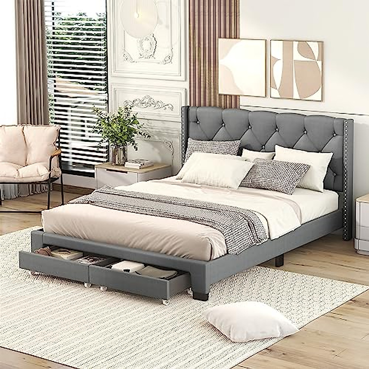 Queen Bed Frame with 2 Storage Drawers, Fabric Upholstered Platform Bed Frame with Deep-set Pattern Button Tufted Headboard, Sturdy Wood Slats Support Mattress Foundation, No Box Spring Needed (grey)
