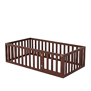 Merax Twin Size Wood Floor Bed Frame with Fence and Door (Walnut)