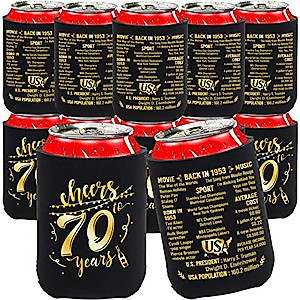 70th Birthday Decorations for Men Women Happy Seventy Birthday Party Decor Supplies 1953 Vintage- 70 Years Old Birthday Party Beverage Can Cooler Sleeves (12 Pack) Black & Gold Turning 70 BC005
