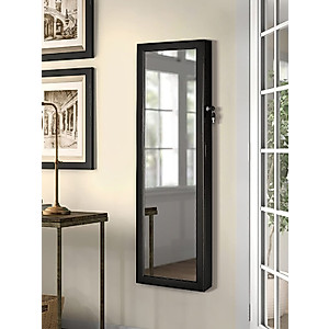 LUXFURNI LED Lights Mirror Jewelry Cabinet, 47.2" Wall Mounted/Door-Hanging, Lockable Jewelry Mirror Organizer (Black)