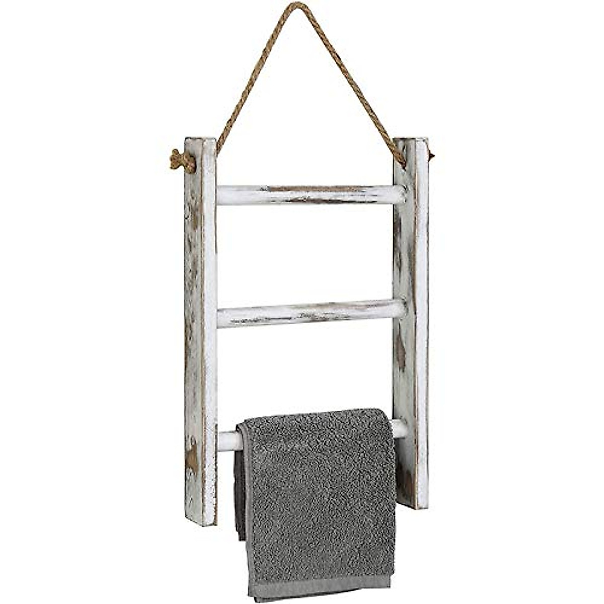 Erhai 3-Tier Mini Whitewashed Wood Wall- Hand Towel Storage Ladder with Rope