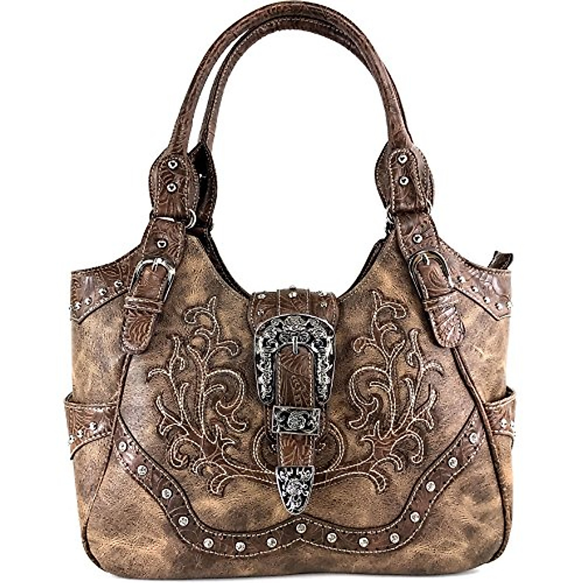 Justin West Western Studded Rhinestone Buckle Laser Cut Studded Shoulder Tote Handbag Purse Wristlet Wallet (Brown Purse and Wallet Set)