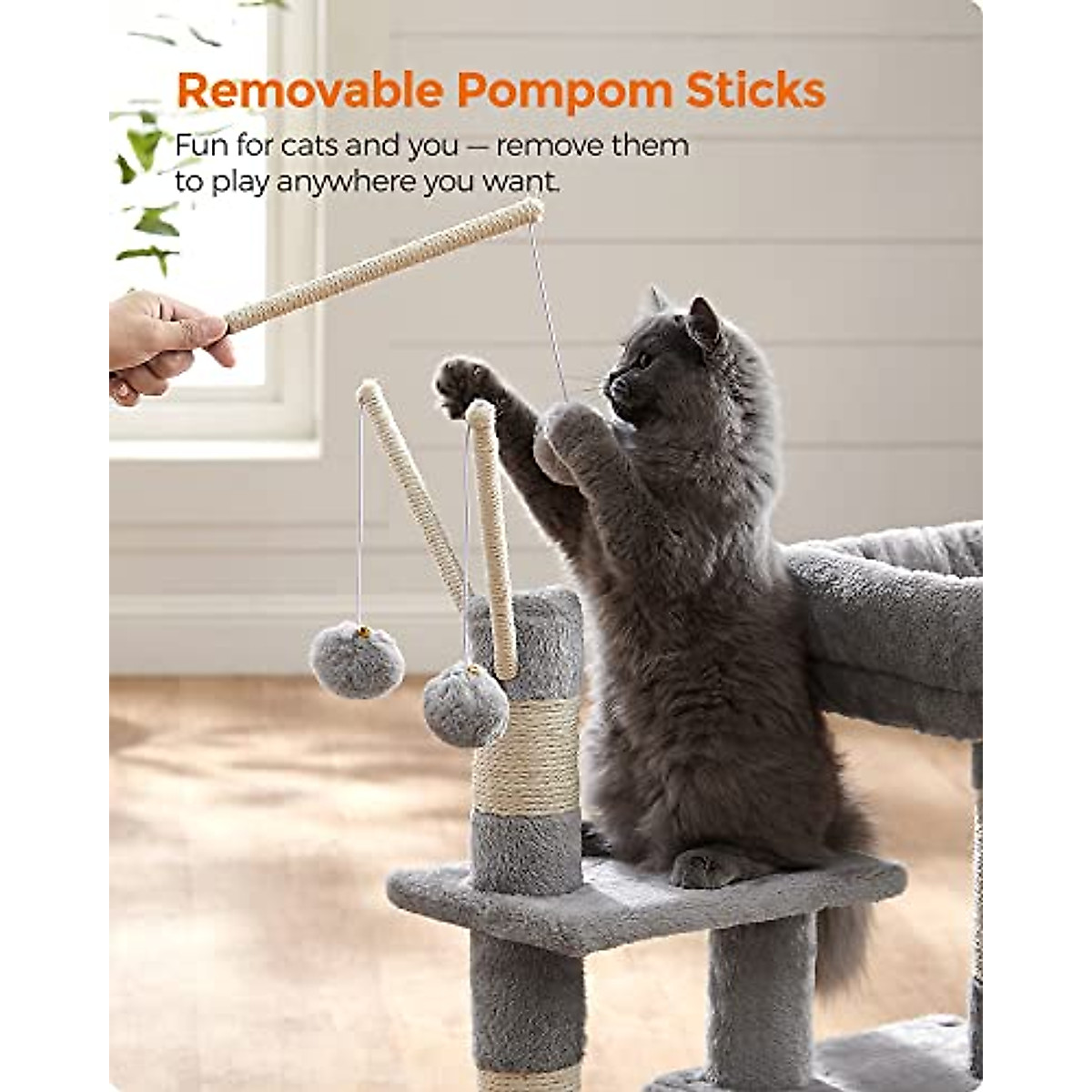 Feandrea Cat Tree, Small Cat Tower with Padded Perch, Cat Cave, 3 Pompoms, Cat Activity Center, Light Gray UPCT121W01
