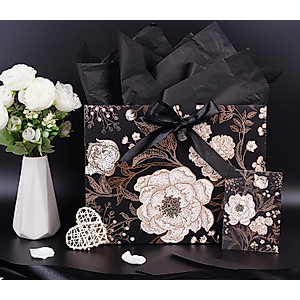 Jaywayang Large Black and Gold Vintage Floral Gift Bag with Card Ribbon and Tissue Paper for Wedding, Bridal Shower, Women Birthday, Mother's day, Anniversary- 12.6" x 10" x 5.1"