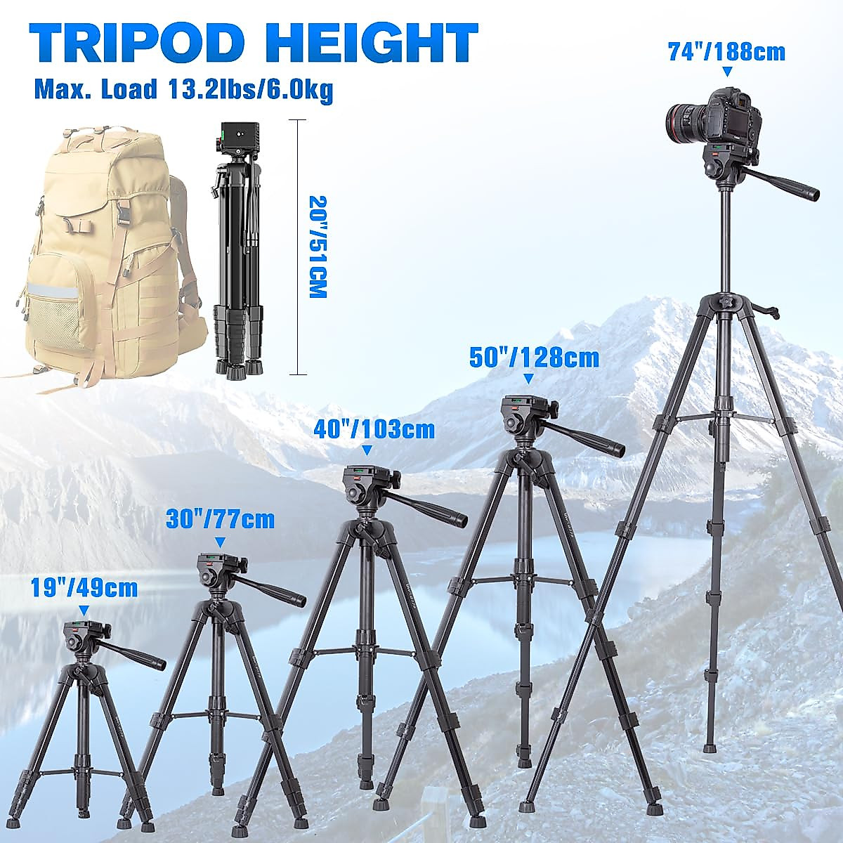 Camera Tripod, 74" DSLR Camera Tripod with 2 QR Plates for Sony/Nikon/Canon, Lightweight Video Tripod Stand for Travelling, Phone Tripod with Fluid Head/Phone Holder/Wireless Remote Max.Load 6kg 175