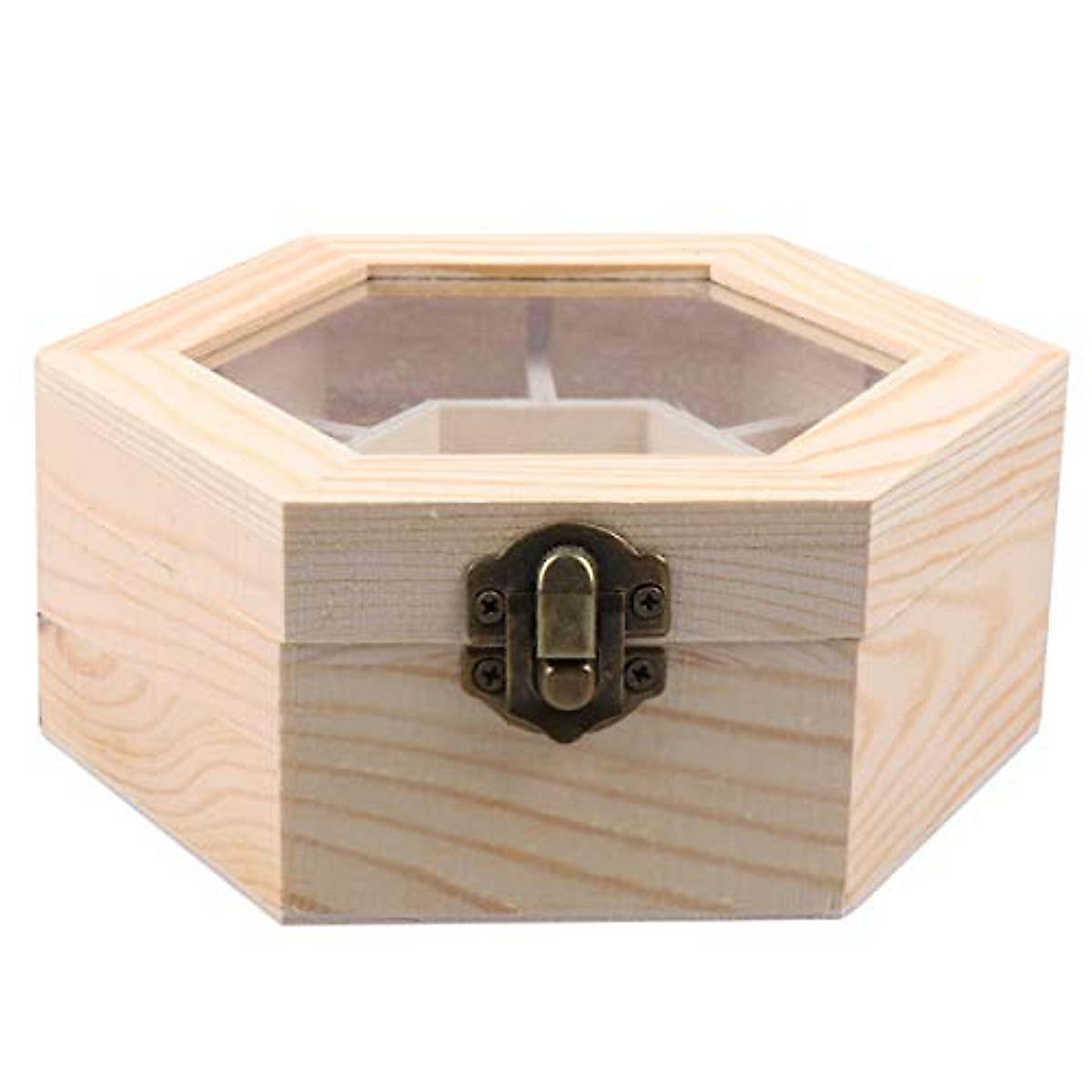 EXCEART Unfinished Wooden Jewelry Box Hexagon DIY Trinket Storage Box Blank Keepsake Organizer 7 Compartments Clear Top Craft Gift Box with Locking Clasp for Art Craft Home Decor