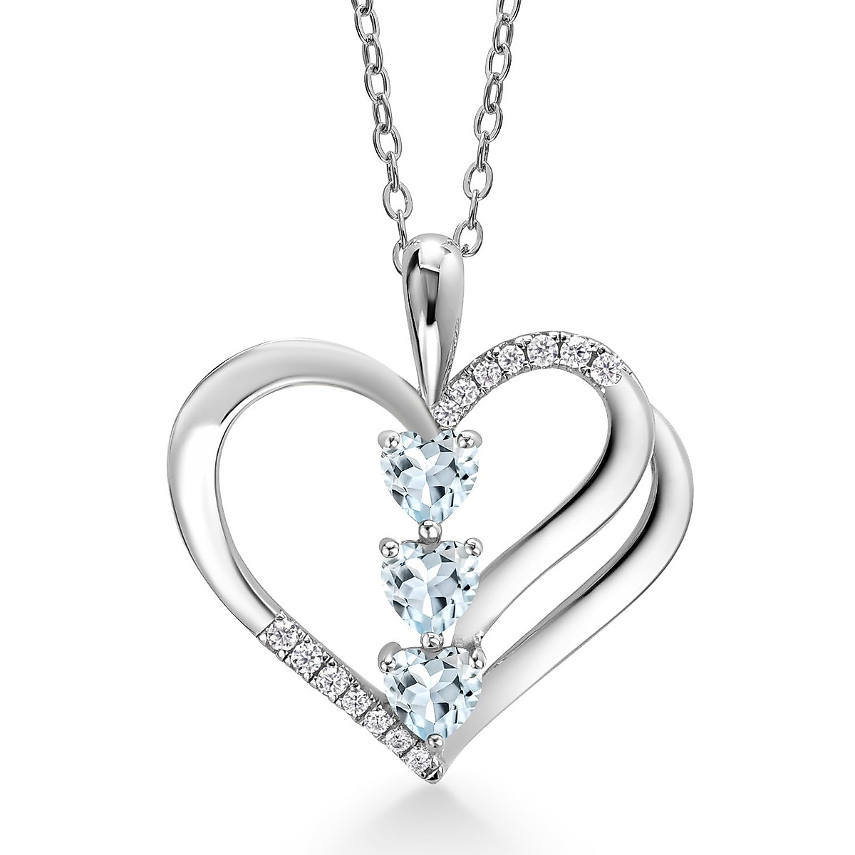 Gem Stone King 925 Sterling Silver Sky Blue Aquamarine and White Moissanite 3-Stone Pendant Necklace For Women (0.85 Cttw, Gemstone March Birthstone, Heart Shape 4MM, with 18 Inch Silver Chain)