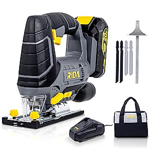 RIDA Cordless Jig Saw, 20V Jigsaw 0-2700 SPM Adjustable Speed, ±45° Bevel Cutting with LED Light, 2.0Ah Battery & 1 Hour Fast Charger, 4Pcs Blades for Woodworking New Year presents