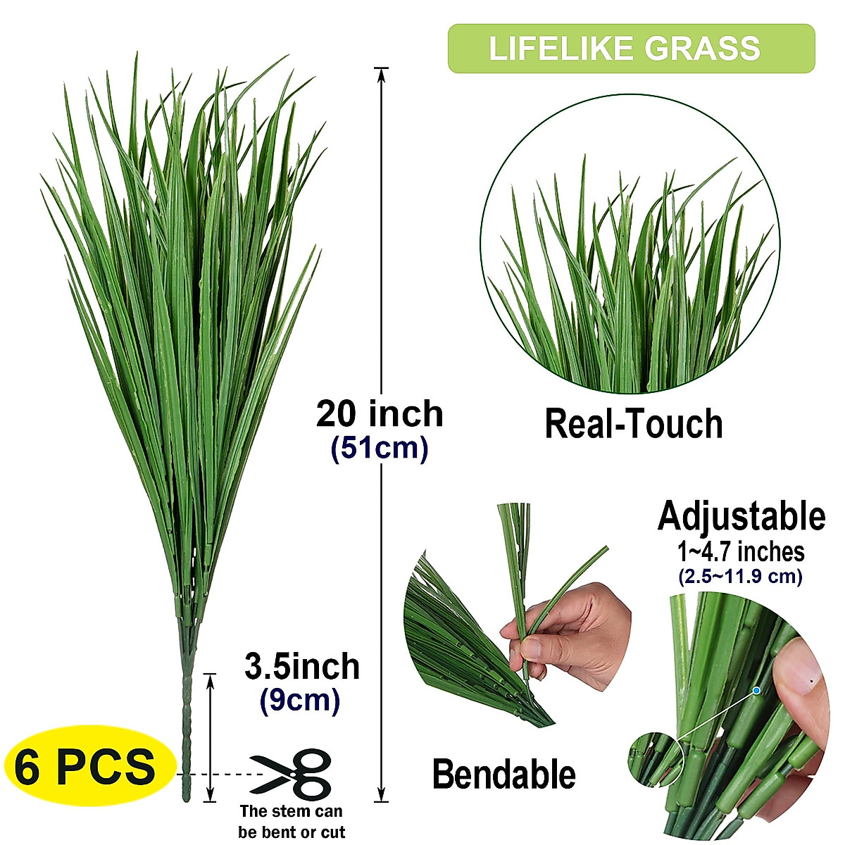 Grand Verde Wheat Grass Artificial Plants Bulk Faux Stems Greenery Shrubs Green Leaves UV-Resistant Real Touch Plastic Bush 20” Tall DIY Decoration Outdoors, 6pcs