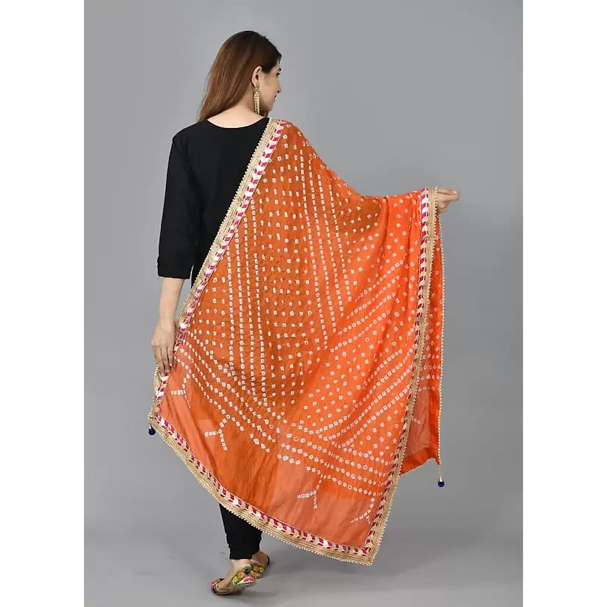 SAHIBA Handicraft India Women's Tafeta Silk Dupatta Bandhani Bandhej Jaipuri Rajasthani Dupatta (Orange), 2.25 Meters ( 88 x 42 Inches)