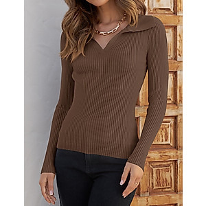 ZESICA Sweaters for Women Spring Long Sleeve V Neck Ribbed Knit Pullover Tops Casual Slim Fit Basic Tee Shirts,Mocha,Small