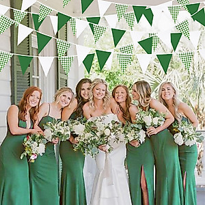 32Ft Green Party Decorations Green Buffalo Plaid Checkered White Triangle Flag Gingham Pennant Bunting Fabric Garland for Wedding Birthday Picnic BBQ Outdoor Golf Party Dinosaur Arbor Day Decorations
