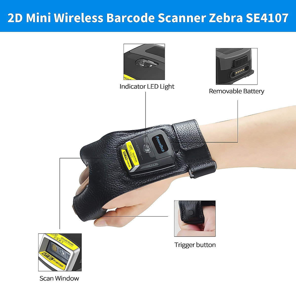 Posunitech Glove Barcode Scanner 2D GS02 Wearable Zebra SE4107 Reader IP65 Touch Scanning NFC Support Multi-Language for Warehouse, Management System,