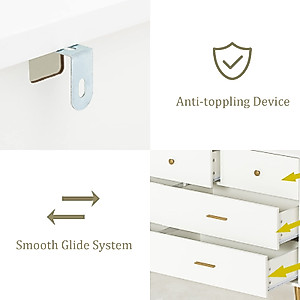 SOSPIRO 7 Drawer Dresser for Bedroom, Modern White Gold Dresser with Wide Drawers and Power Outlets, Long Chest of Drawers for Living Room Hallway Entryway, White