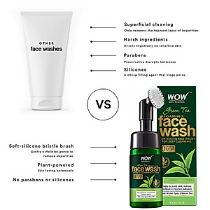 WOW Skin Science Green Tea Foaming Face Wash w/Soft Brush- Refreshing, Clarifying Facial Cleanser with Antioxidant Green Tea & Aloe Vera Extract - All Skin Types (100 ml)
