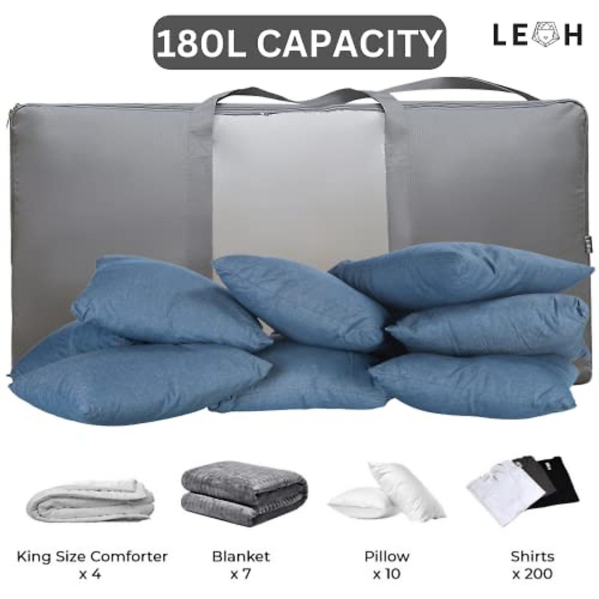 LEOH Extra Large Storage Bag for Clothes | Heavy Duty Storage Bags | Blanket Storage Bags with Zipper | Strong Packing Bags for Moving Comforter Underbed Bedding Blankets Quilts Pillows | 2x 180L