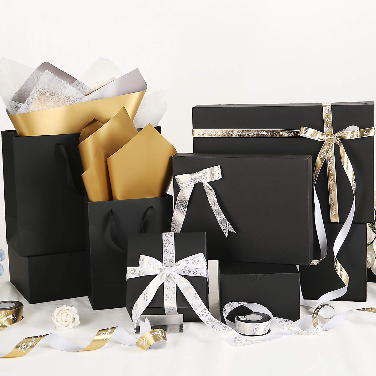 JINMING 6 Extra Large Gift Boxes with Lids 17x11x2.5 Inches Christmas Gift Wrap Boxes, Black Cloth Gift Boxes, Apparel Gift Boxes for Thanksgiving Day